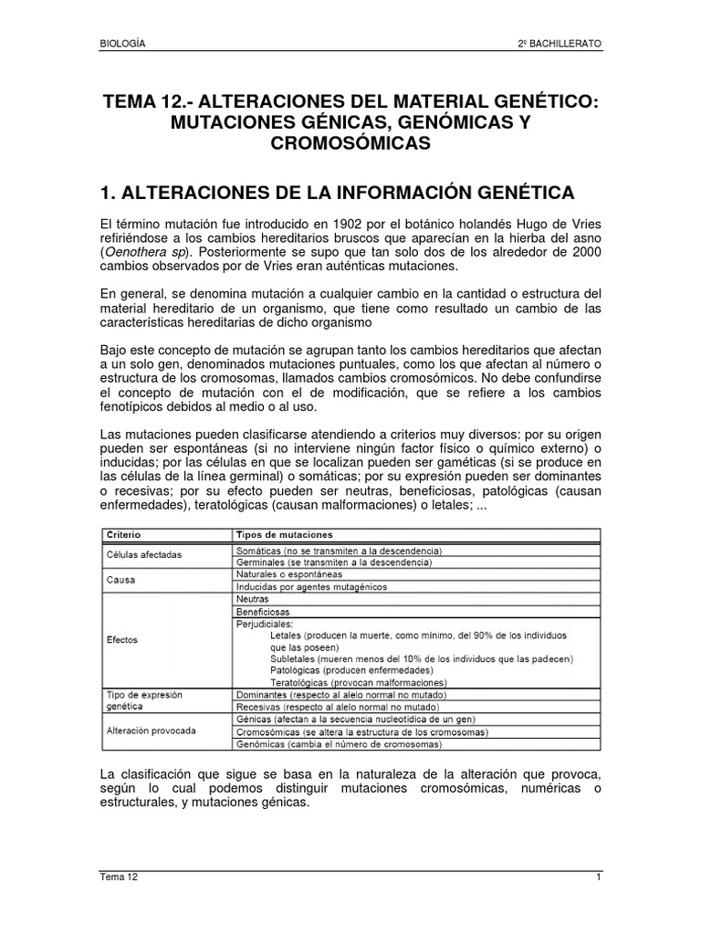 TEMA 12 alteraciones del material genético | PDF | Mutación | Mutageno
