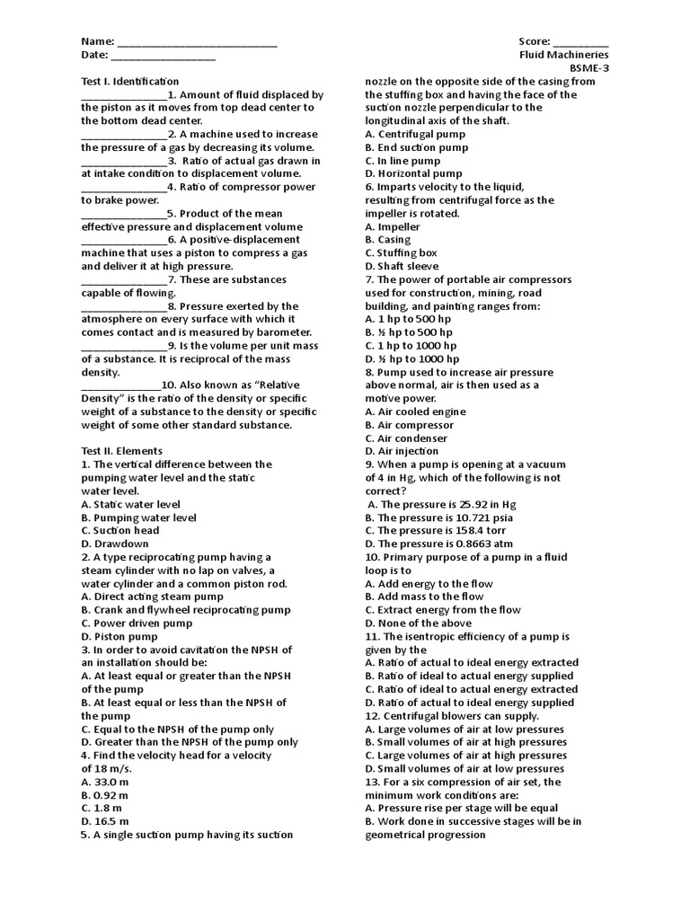 Fluid Machinery Quiz and Concepts | PDF | Pump | Chemical Engineering