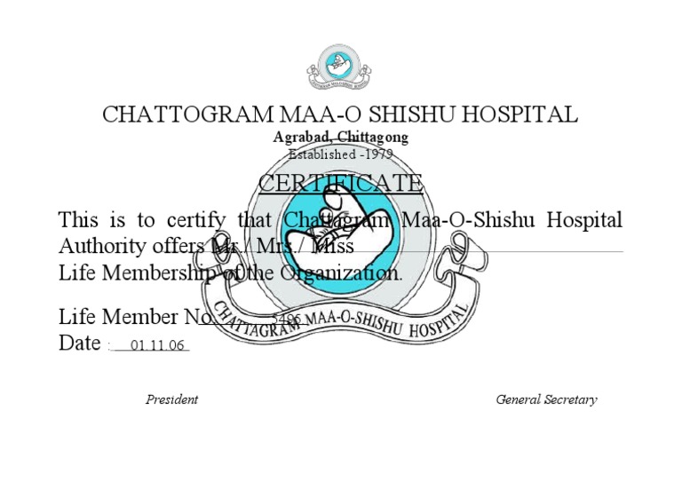 Certificate of Life Membership at Chattagram Maa-O Shishu Hospital | PDF