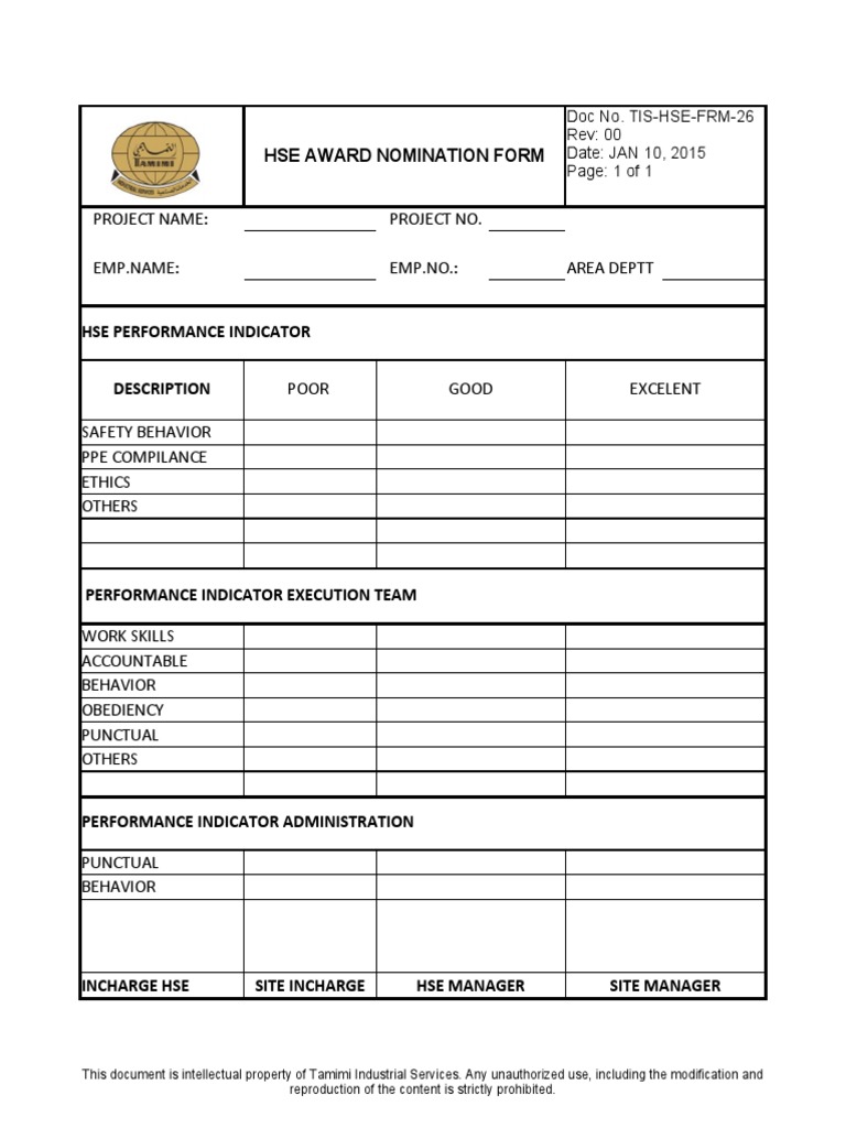TIS-HSE FRM-26 HSE Award Nomination Form | PDF