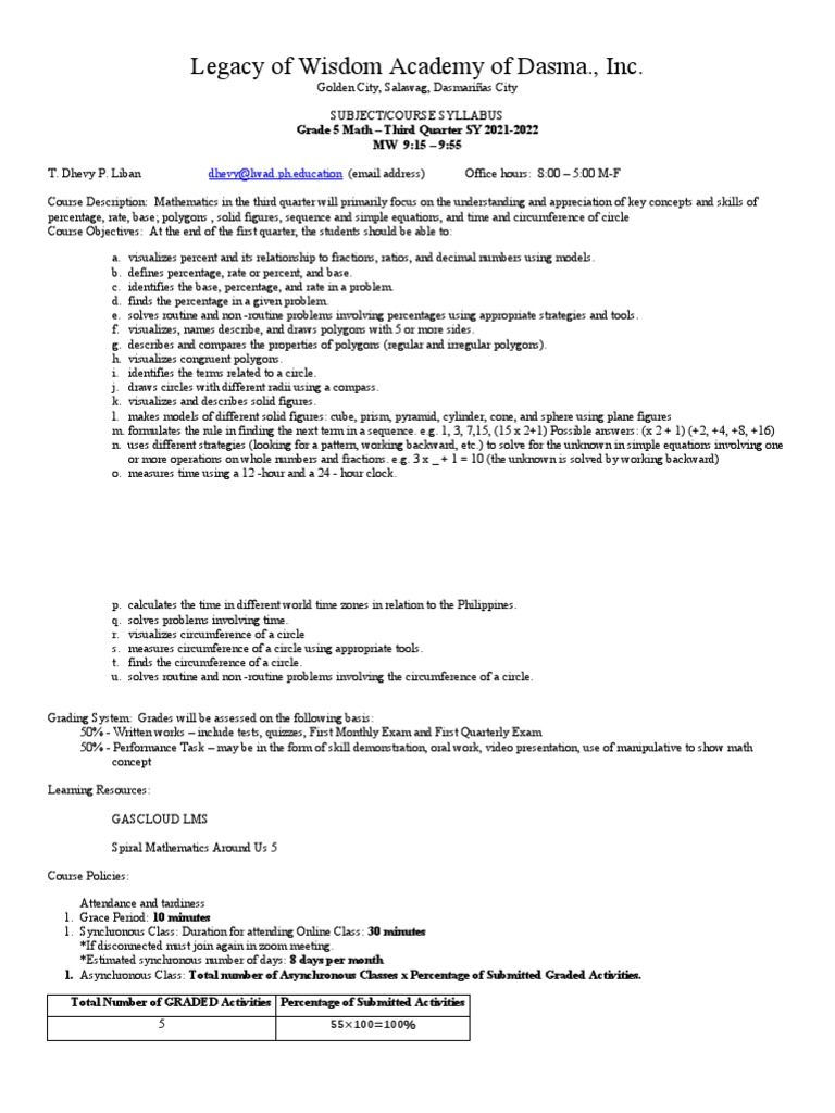 Math5 - Syllabus 3rd Quarter | PDF | Percentage | Mathematics