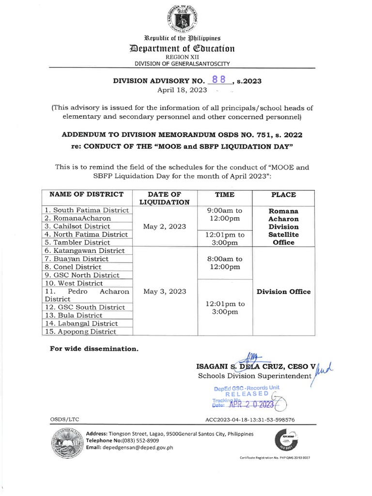 Division Advisory No. 88 S. 2023 Addendum To Division Memorandum Osds ... Division Advisory No. 88 S. 2023 Addendum To Division Memorandum Osds ...