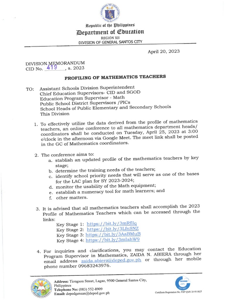 Division Memo 419 S.2023 Profiling of Mathematics Teachers | PDF