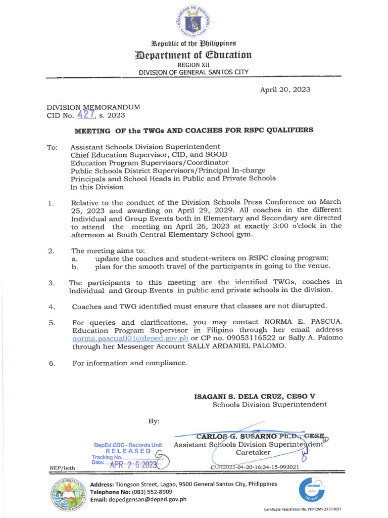 DIVISION MEMO NO. 427 S. 2023 MEETIN OF THE TWGs AND COACHES FOR RSPC ... DIVISION MEMO NO. 427 S. 2023 MEETIN OF THE TWGs AND COACHES FOR RSPC ...