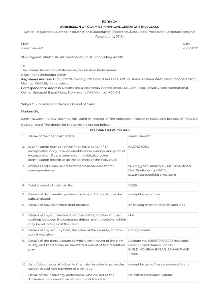 Form Ca Submission of Claim by Financial Creditors in A Class | PDF ...