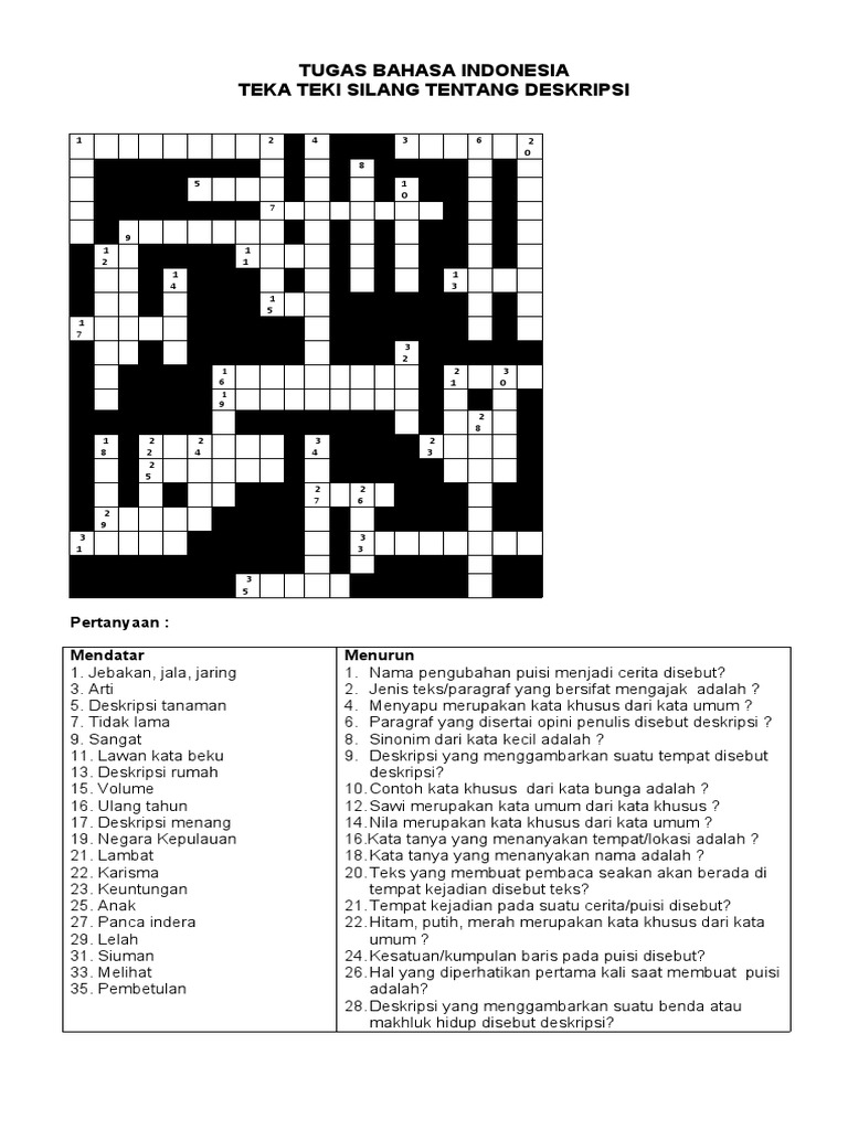 Tugas Bahasa Indonesia Teka Teki Silang Tentang Deskripsi: Pertanyaan: Mendatar Menurun | PDF