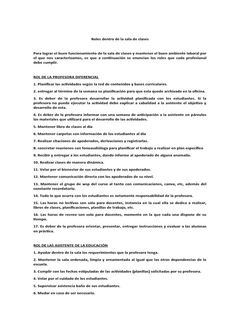 Roles Dentro de La Sala de Clases | PDF