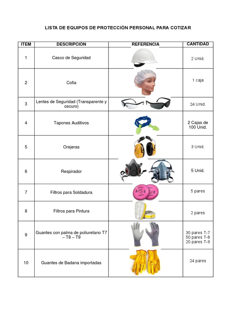 Lista de EPP S | PDF | Equipo de protección personal | Materiales