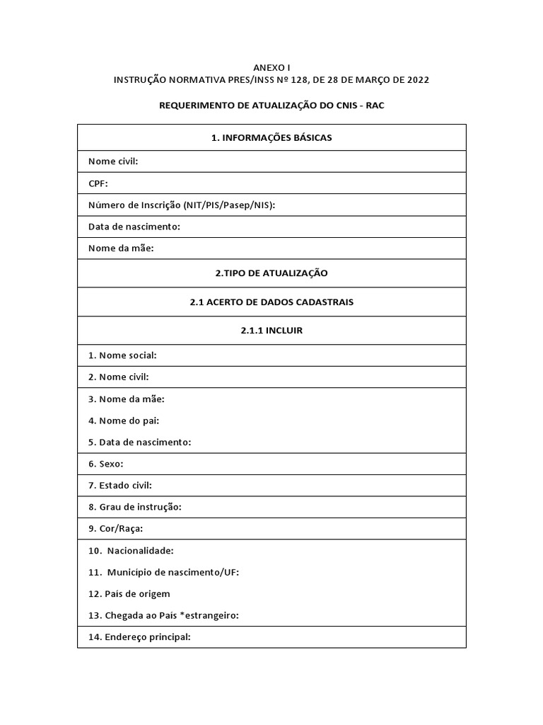 AnexoI-Requerimento-de-atualizacao-do-CNIS-RAC | PDF | Brasil