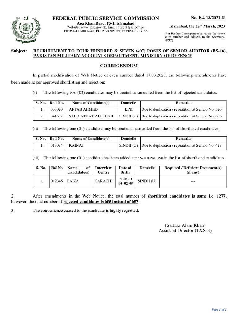 F 4 18 2021 R Corrigendum 22 03 2023 PS | PDF | Pakistan | Government Of Pakistan