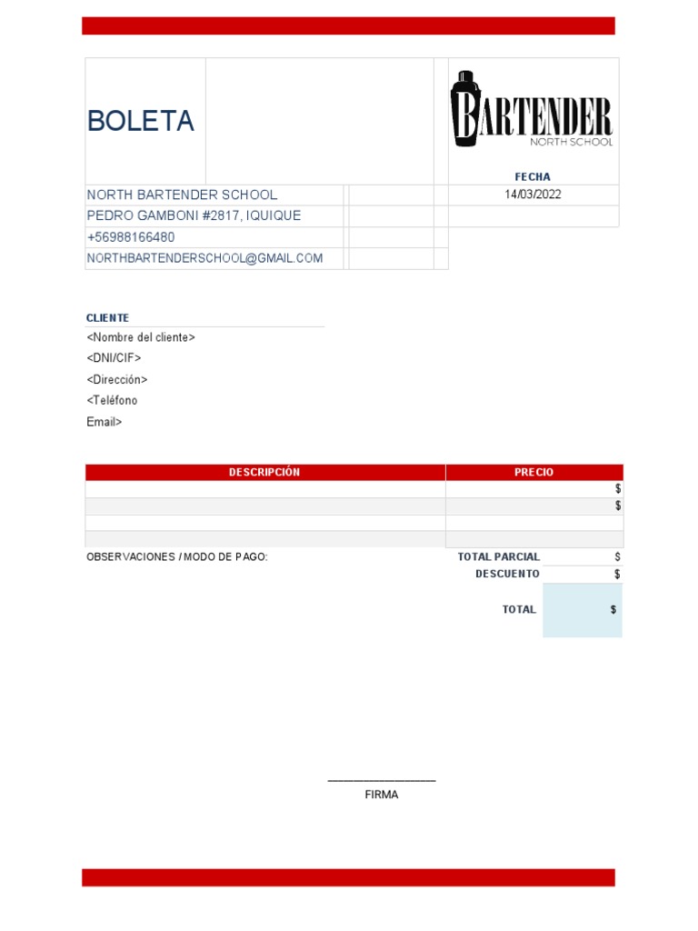 Boleta de Servicio para Bartenders | PDF