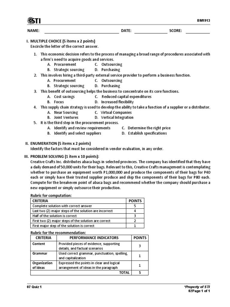 07 Quiz 1 | PDF | Procurement | Outsourcing