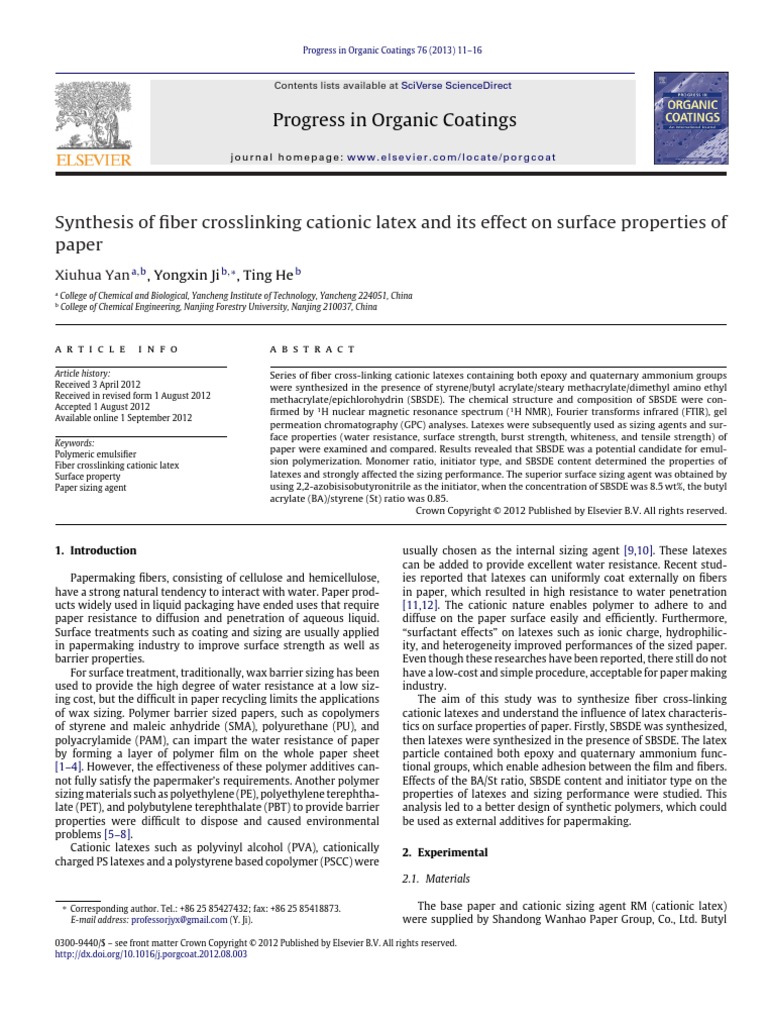 2013 Yan Synthesis of Fiber Crosslinking Cationic Latex and Its Effect ...