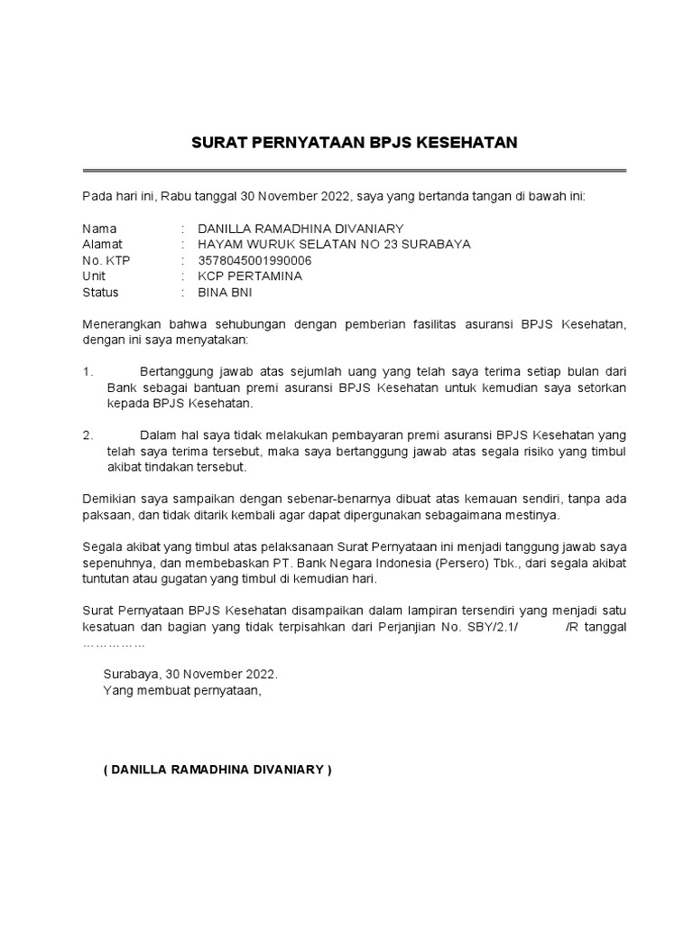 Surat Pernyataan BPJS Kesehatan (November 2022) Yyy | PDF
