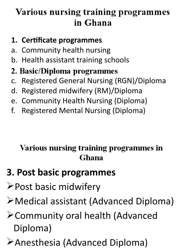 Various Nursing Training Programmes in Ghana: 1. Certificate Programmes 2. Basic/Diploma ...