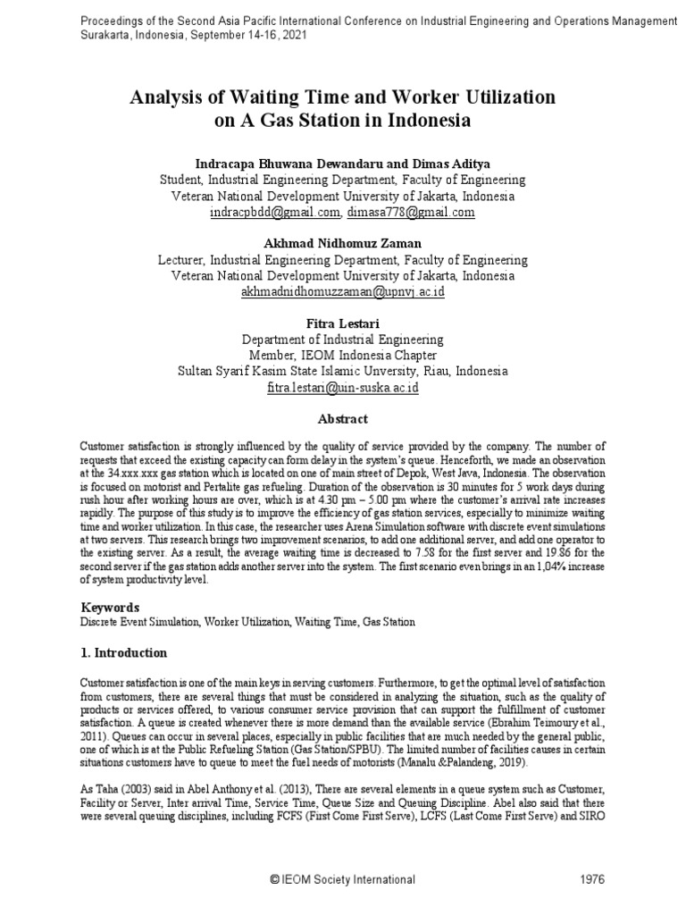 Analysis of Waiting Time and Worker Utilization On A Gas Station in ...