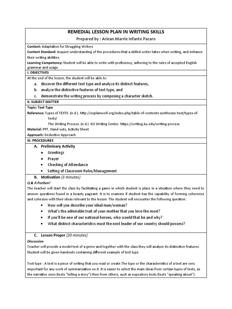 Remedial Lesson Plan in Writing Skills: Prepared By: Ariean Marrie ...
