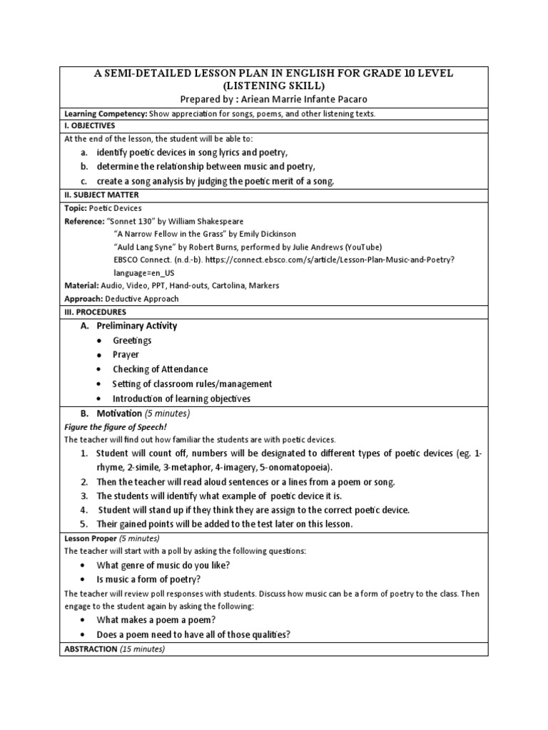 A Semi-Detailed Lesson Plan in English For Grade 10 Level (Listening ...