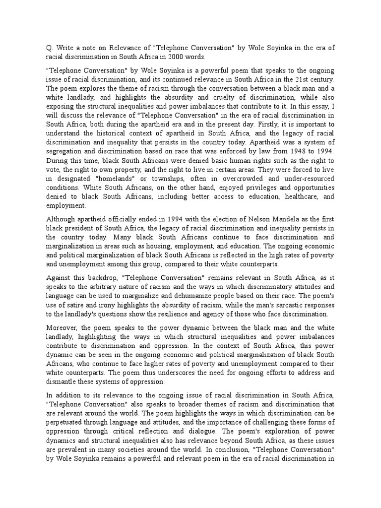 Wole Soyinka Telephone Conversation Notes | PDF | Discrimination & Race ...