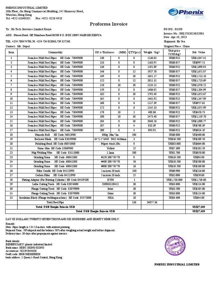 Proforma Invoice: Total FOB Tianjin Price in USD US$27,689 Total FOB ...