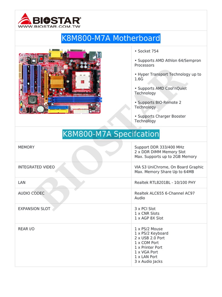Biostar K8m800-M7a Spec | PDF | Ibm Pc Compatibles | Electronics