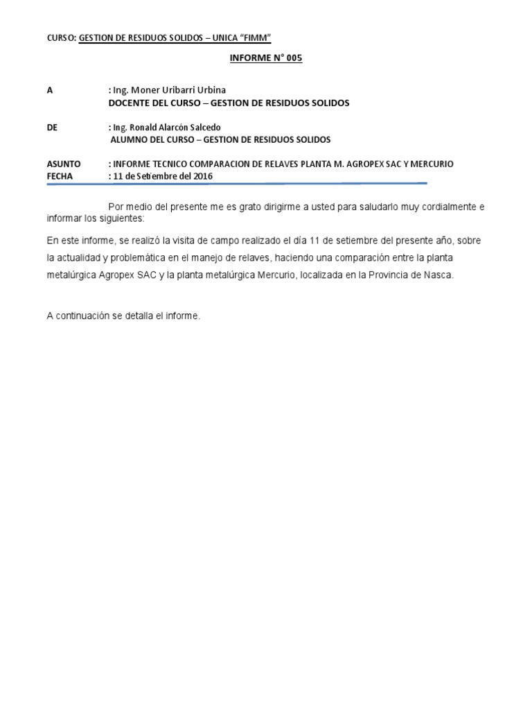 Informe Comparacion de Relaves P. M Agropex y Mercurio | PDF | Agua ...