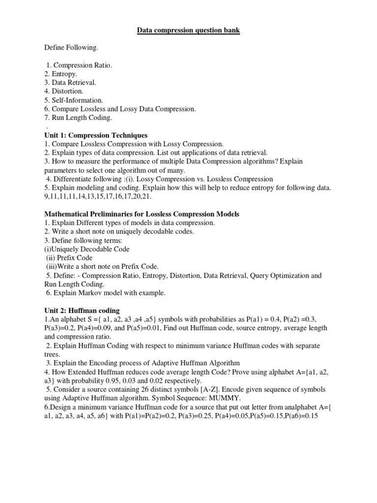 Data Compression Question Bank | PDF