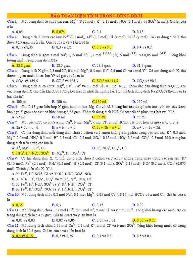 Bảo Toàn Điện Tích Trong Dung Dịch: Câu 1. A. B. C. D. Câu 2. A. B. C. D. Câu 3. A. B. C. D. Câu ...