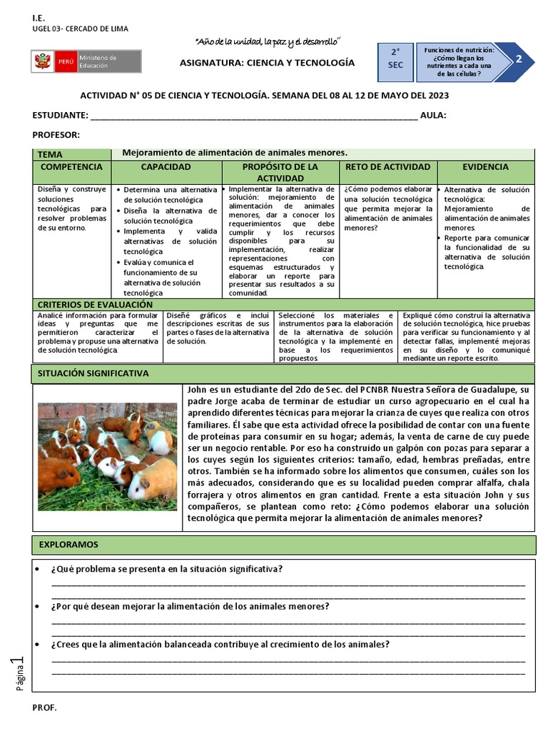 (PDF) 2° SEC. EDA 2 SEMANA 5 Diseña CYT 2023 Mejoramiento de Alimentación de Animales Menores ...