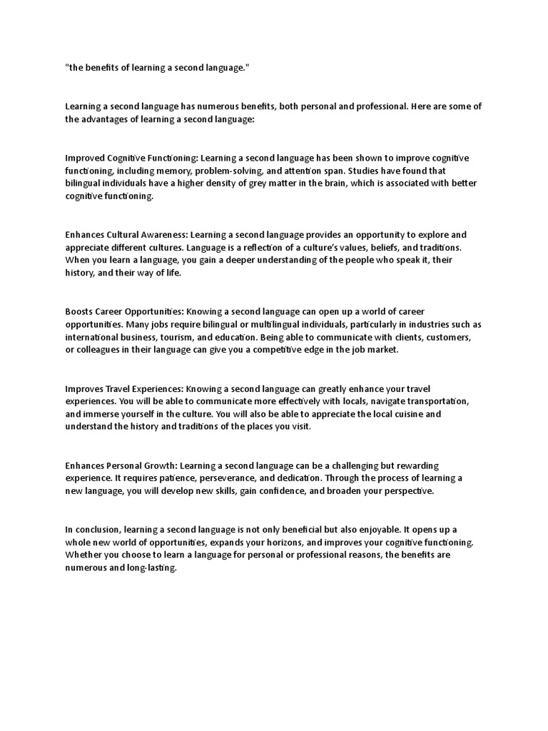 The Benefits of Learning A Second Language | PDF | Foreign Language Studies