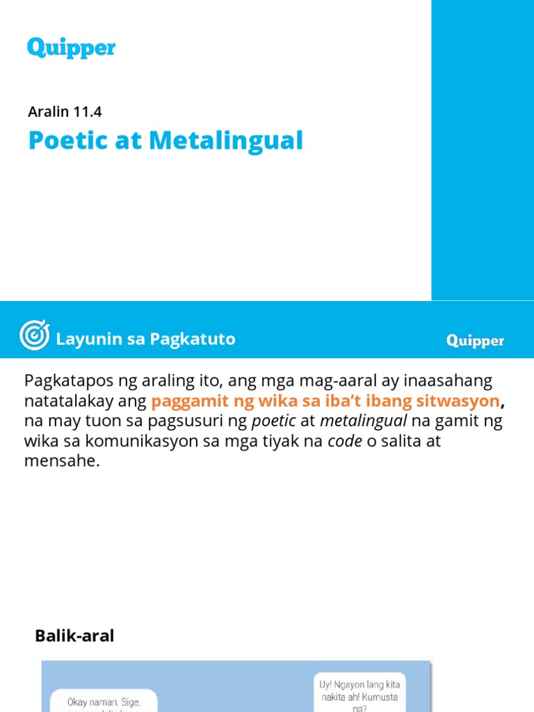 Poetic at Metalingual: Aralin 11.4 | PDF