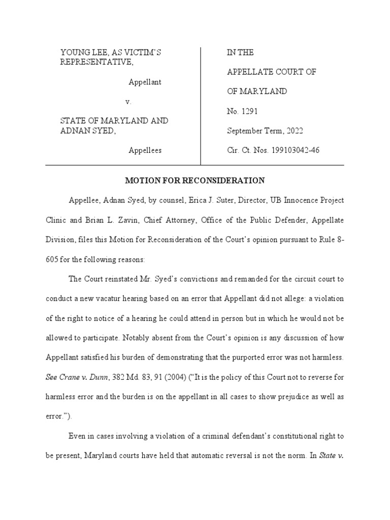 Adnan Syed Motion To Reconsider | Download Free PDF | Appeal | Courtroom