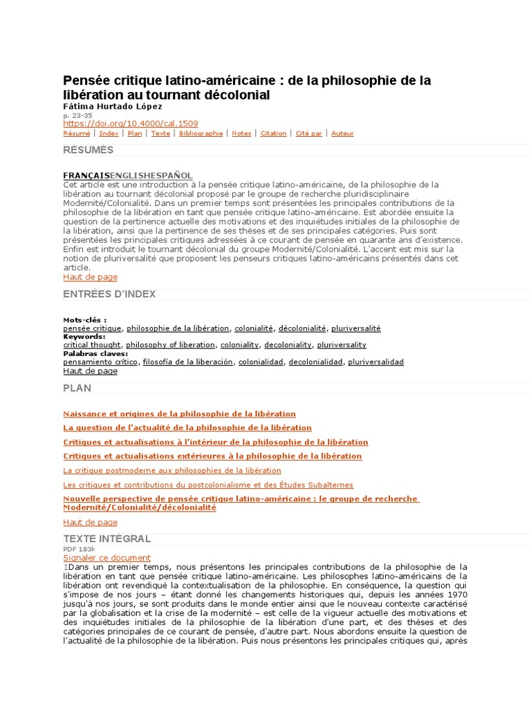 Pensée Critique et Décolonialité | PDF | Post-colonialisme | Modernité