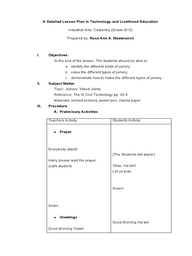 A Detailed Lesson Plan 9 FINAL | PDF | Woodworking