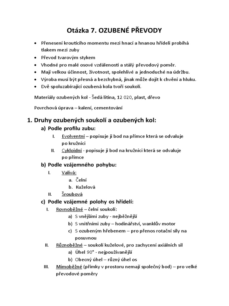 Otázka 7. Ozubené Převody: 1. Druhy Ozubených Soukolí A Ozubených Kol | PDF