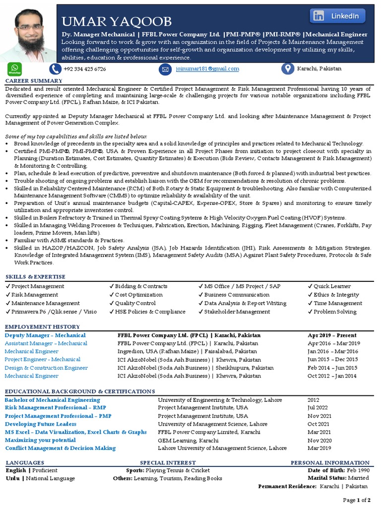 Umar Yaqoob Resume | Download Free PDF | Refractory | Project Management