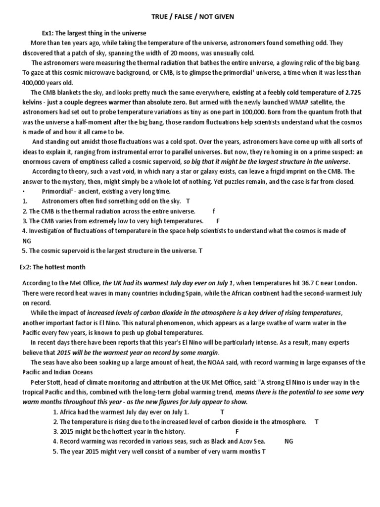 True / False / Not Given: Ex1: The Largest Thing in The Universe | PDF ...