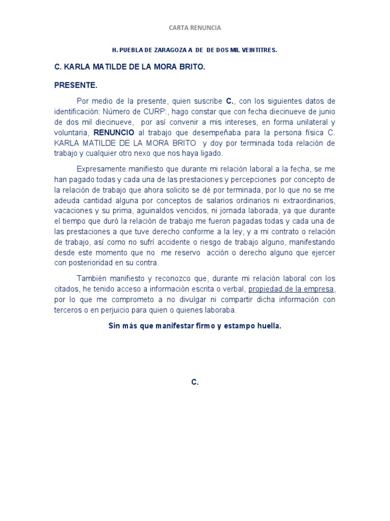 C. Karla Matilde de La Mora Brito. Presente.: Carta Renuncia | PDF