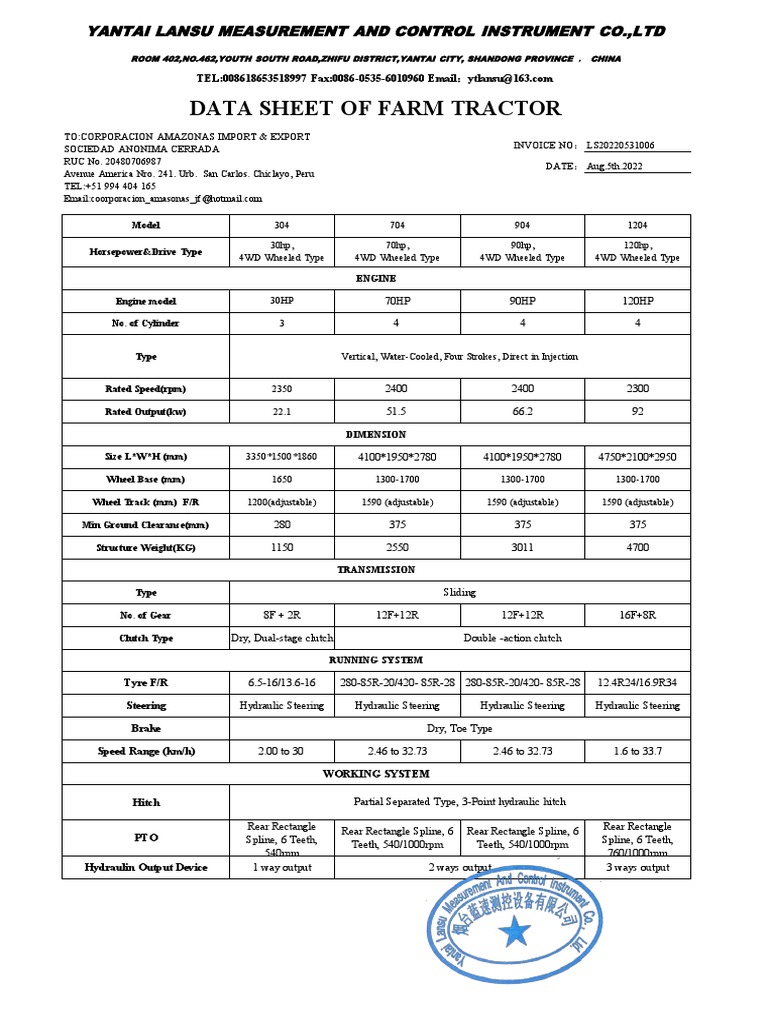 Farm Tractor Specifications Sheet | PDF | Transport | Manufactured Goods