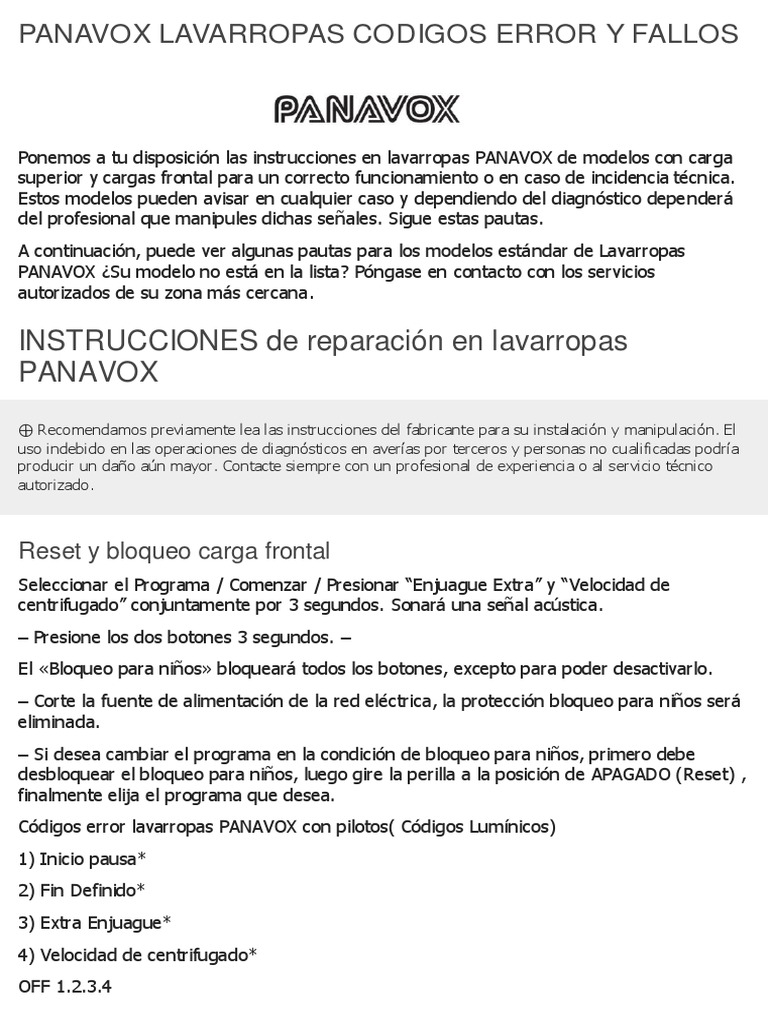Panavox Lavarropas Codigos Error y Fallos | PDF | Bienes manufacturados
