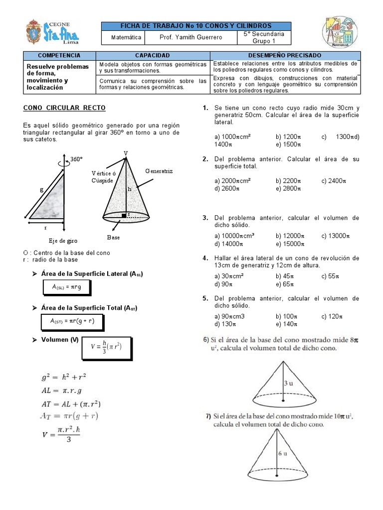 FICHA DE TRABAJO No 10 Conos y Cilindros | PDF | Geometría euclidiana | Objetos geométricos