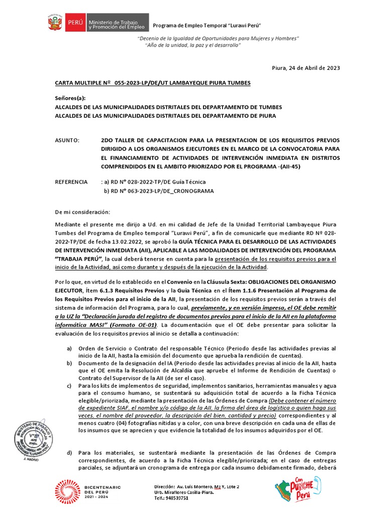 2.-Carta 055 - 2023-Invitacion 2do Taller Req Previos Aii-45 Prioizados | PDF | Gobierno