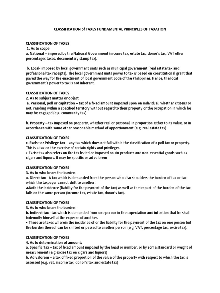 CLASSIFICATION of TAXES FUNDAMENTAL PRINCIPLES OF TAXATION-word | PDF ...