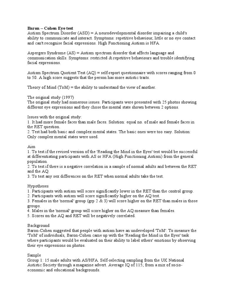 Baron - Cohen Eye Test | PDF | Autism Spectrum | Theory Of Mind