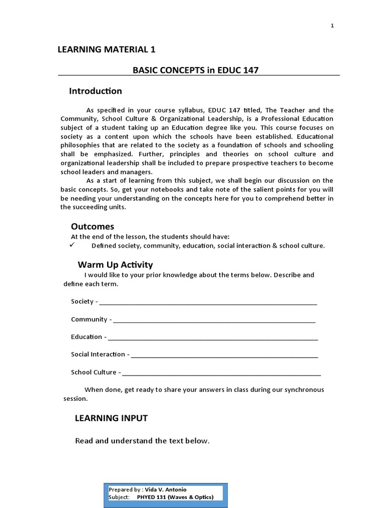 Learning Material 1 Basic Concepts in Educ 147: Read and Understand The Text Below | PDF ...
