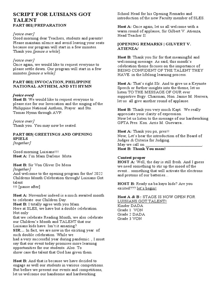 Script For Luisians Got Talent | PDF