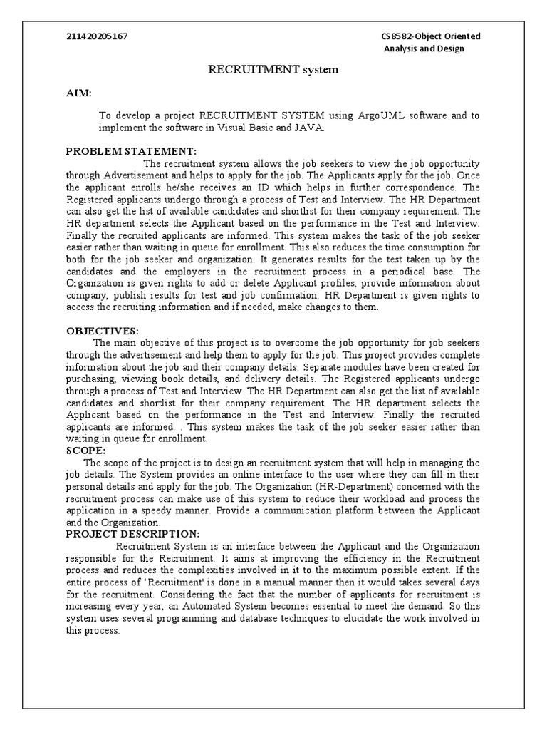 RECRUITMENT System: 211420205167 CS8582-Object Oriented Analysis and ...