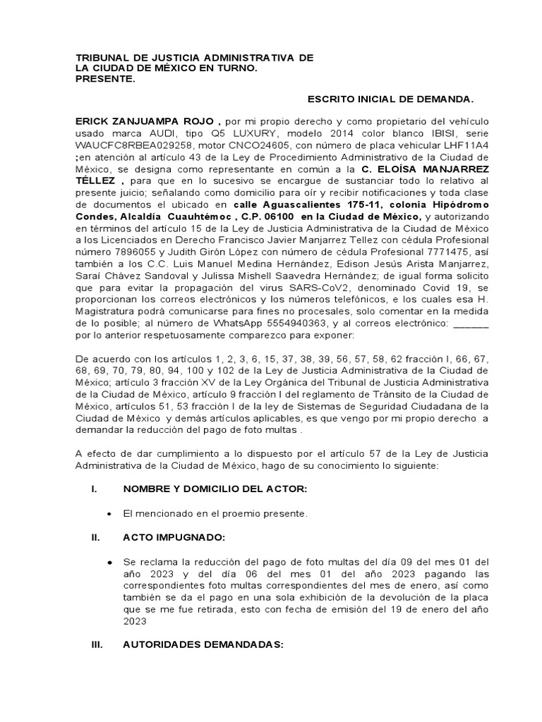 Escrito Inicial de Erick Zanjuampa, Nulidad de Multas | PDF | Estatuto de limitaciones | Justicia