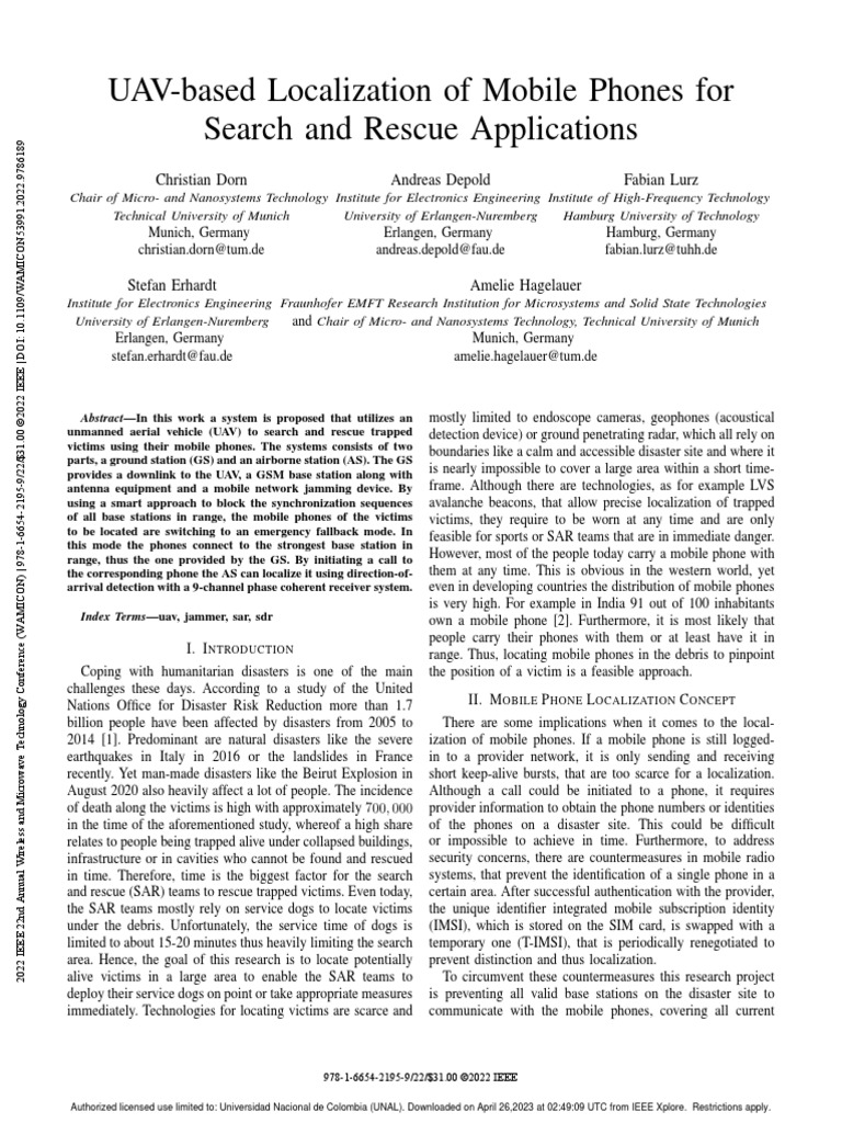 UAV-based Localization of Mobile Phones For Search and Rescue Applications | PDF | Software ...