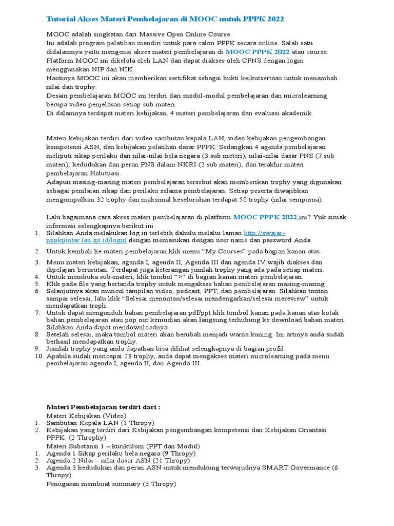Tutorial Akses Materi Pembelajaran Di MOOC Untuk PPPK 2022 | PDF